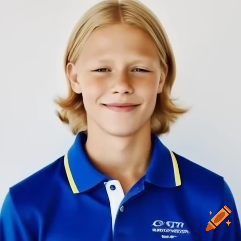Smiling young Swedish man with blond hair in royal blue polo shirt on ...