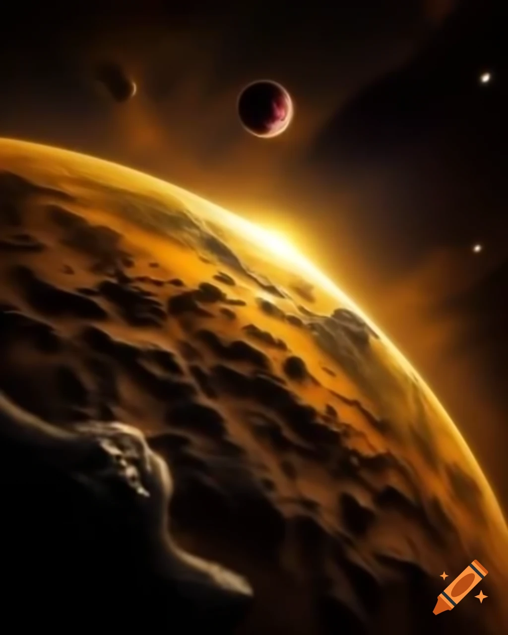3D representation of rocky yellow planet in space with sun rays and ...