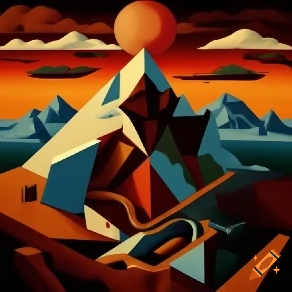 Cubist art inspired by glacier with snake and arid pyramid in sunset ...