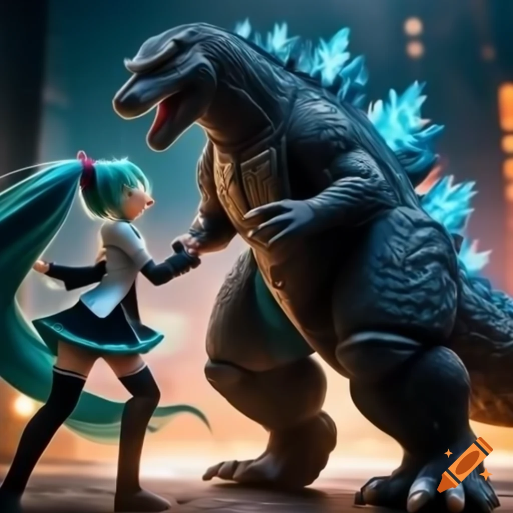 Detailed fight scene between hatsune miku and godzilla in high-quality ...