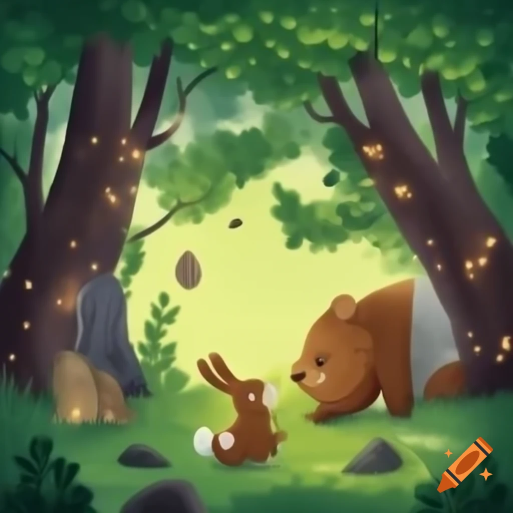 Rabbit confronting bear in forest with stone arch and glowing golden ...