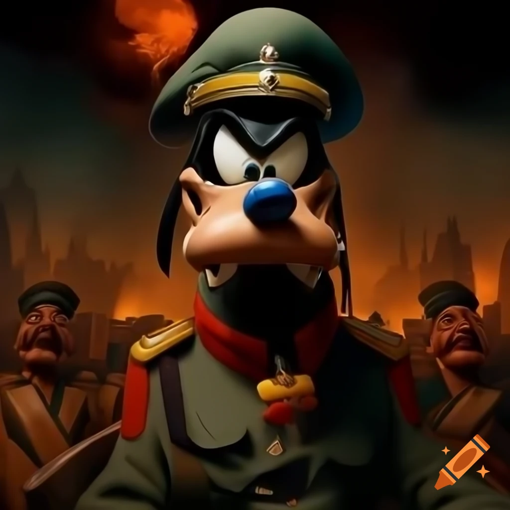 Surreal depiction of Goofy in German WWII uniform evoking unease on Craiyon