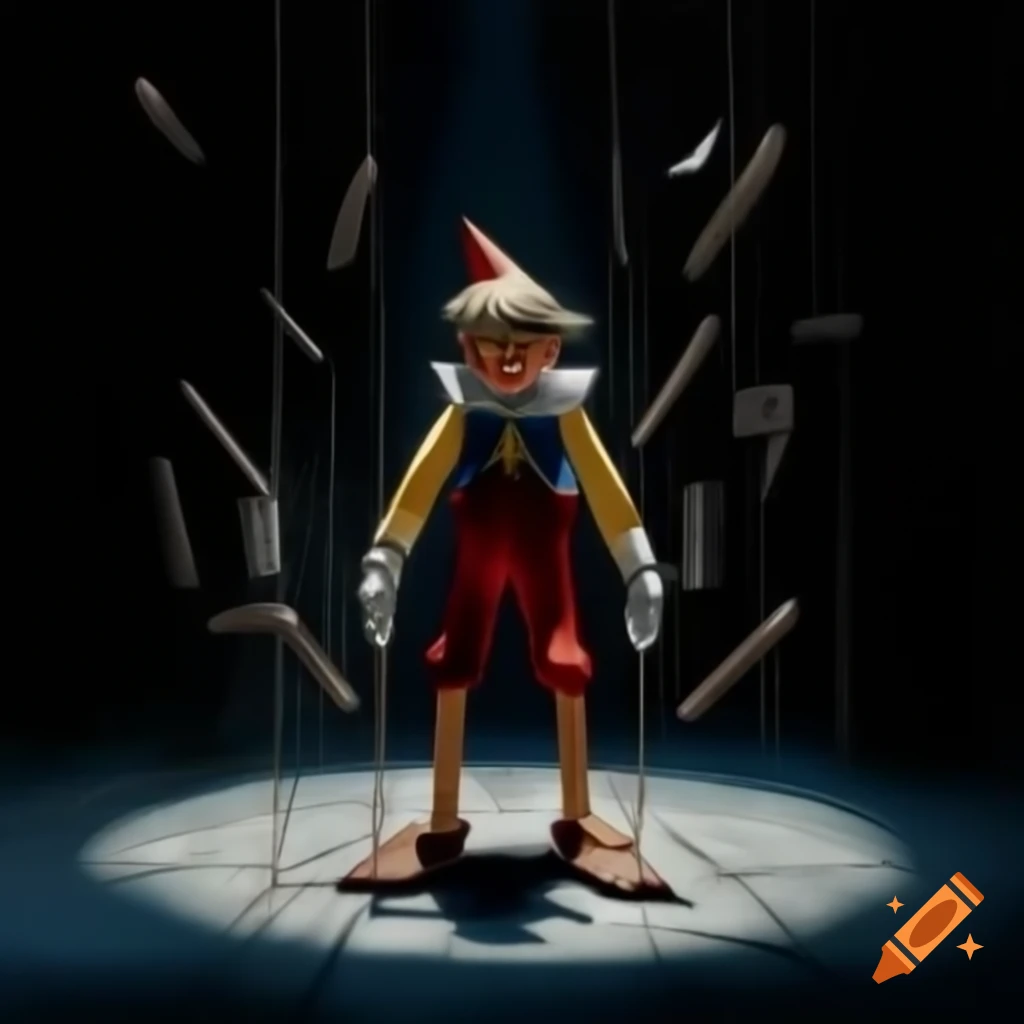 Somber depiction of pinocchio as a wooden puppet with tangled strings ...