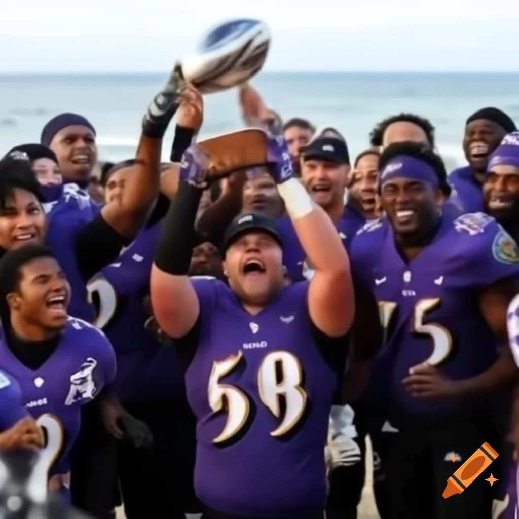 Baltimore Ravens football team celebrating with silver bowl trophy on ...