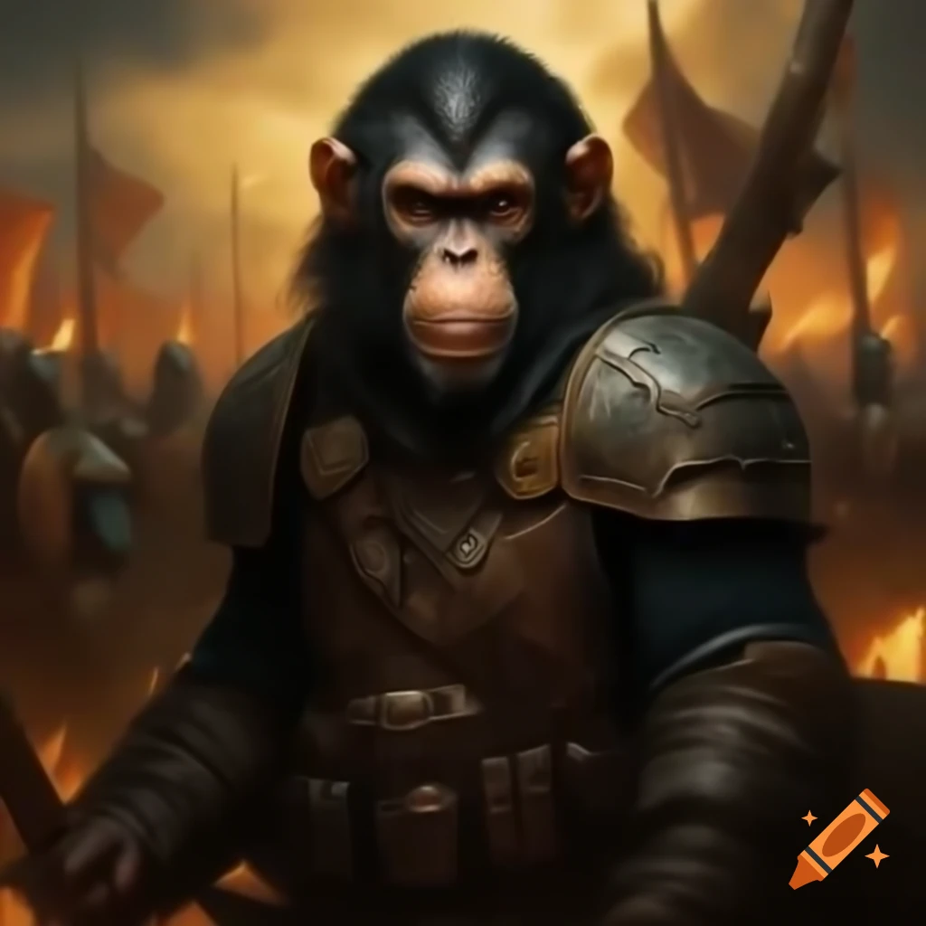 Primate warrior with mohawk and armor on war-torn battlefield on Craiyon