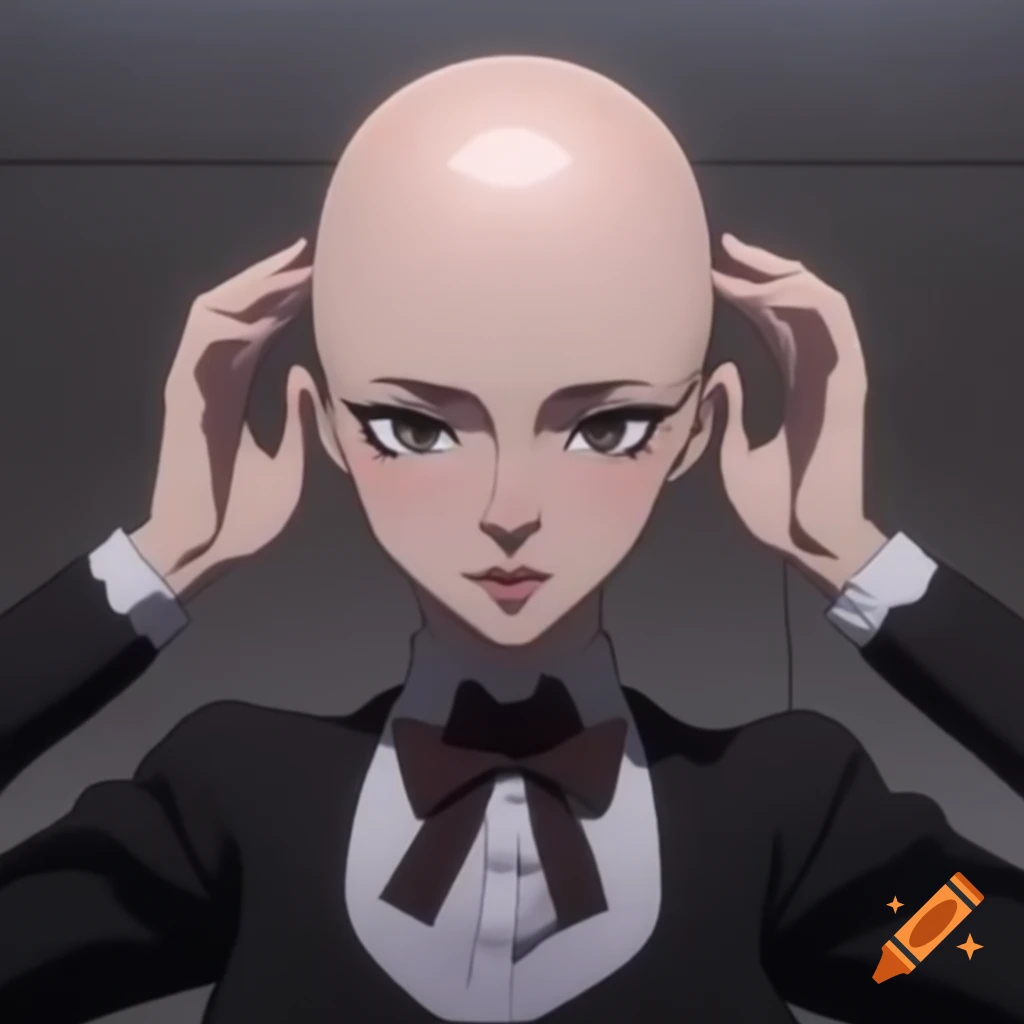 Bald anime woman in bow tie touching her head with both hands on Craiyon