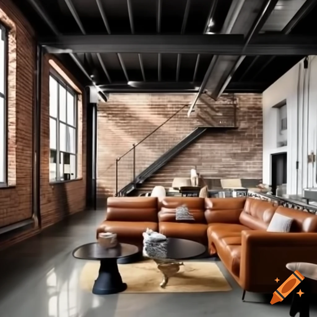 Chic industrial-style loft interior with exposed brick and steel beams ...