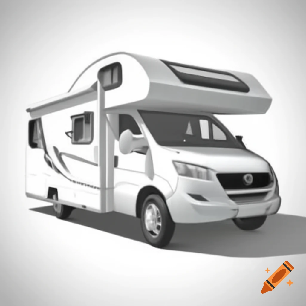 3D realistic rendering of a modern motorhome on the road viewed from a ...