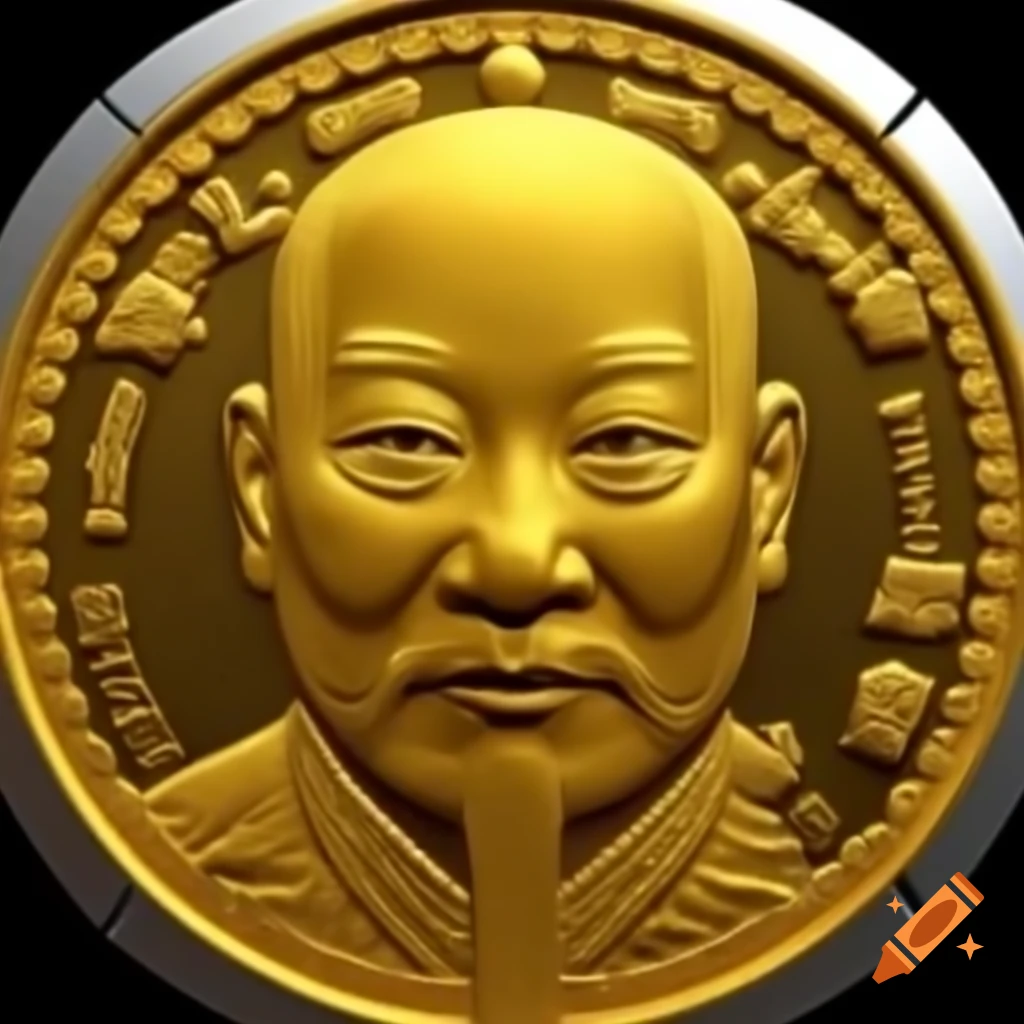 Gold coin featuring a Chinese man with squinting eyes on Craiyon
