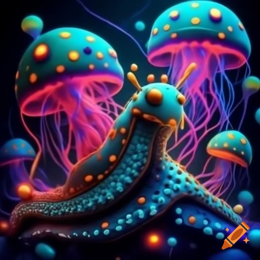 Psychedelic steampunk slug and jellyfish hybrid in vibrant explosion on ...