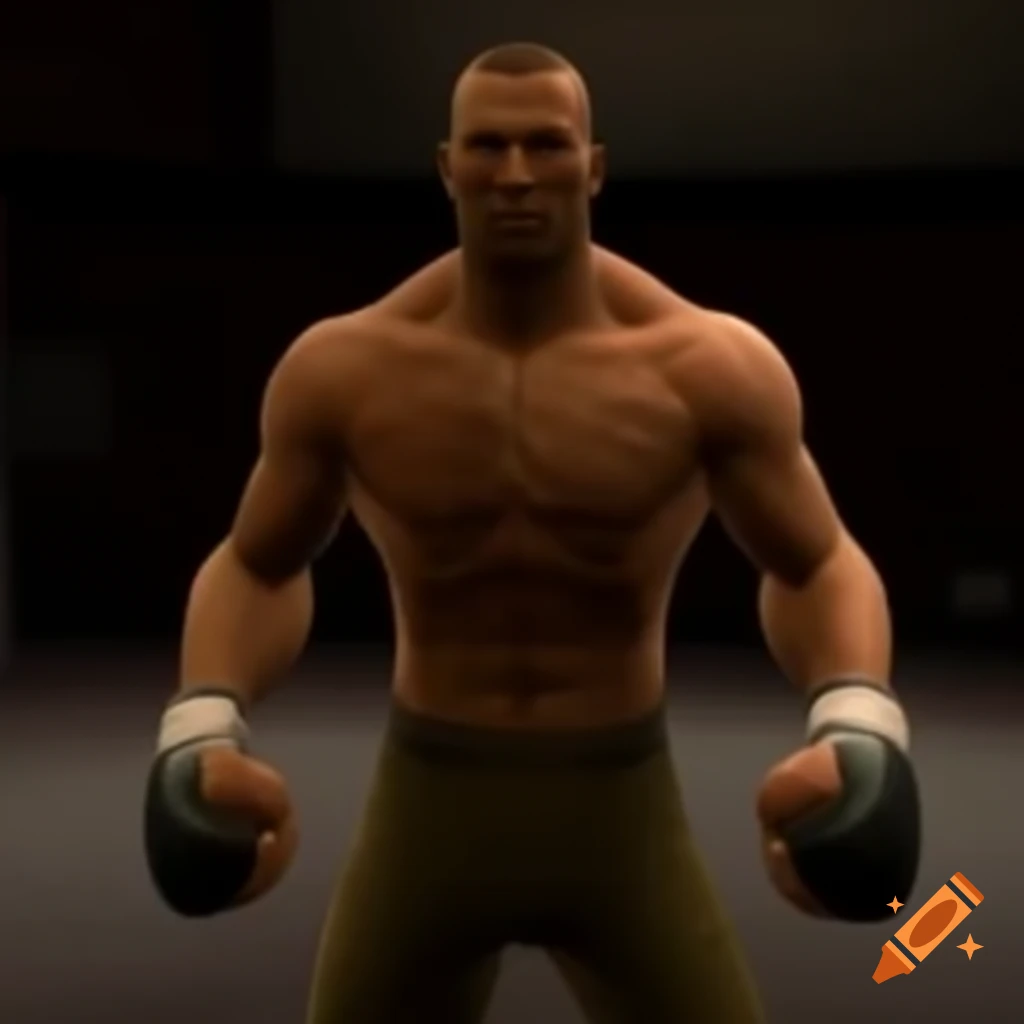 Kickboxer with scars in combat stance, early 2000s video game style on ...