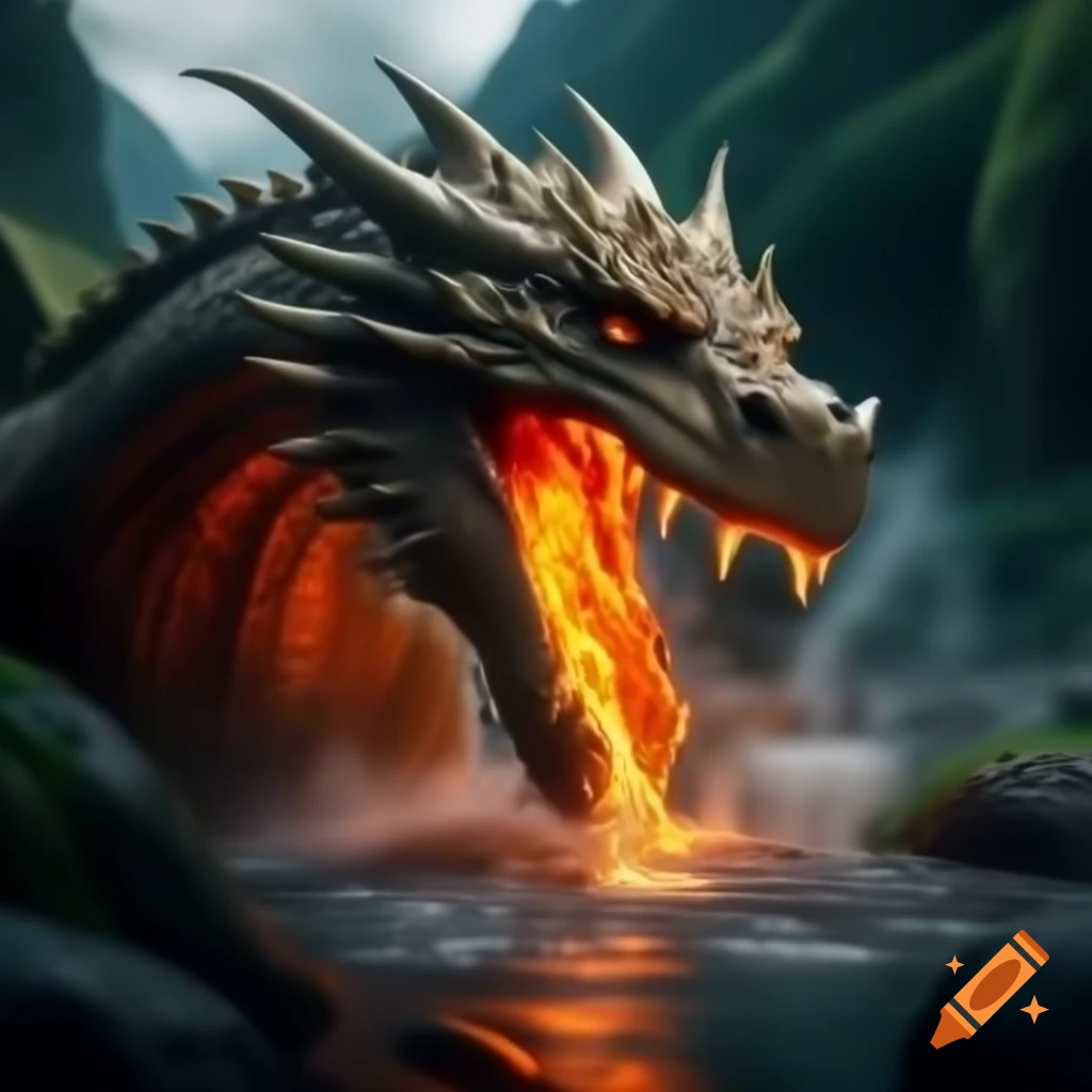 Smaug the dragon breathing molten gold over Bilbo the hobbit on Craiyon