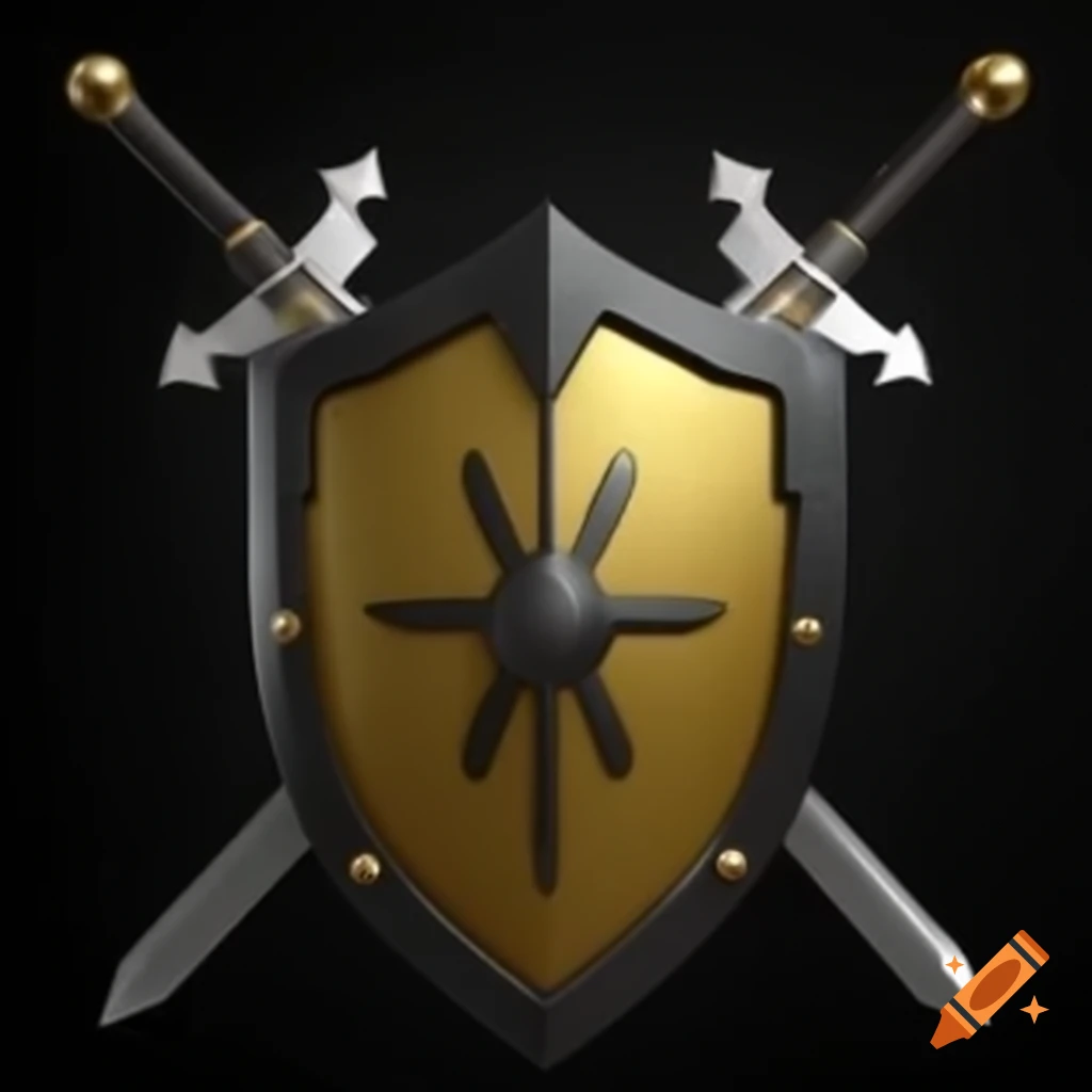 Gold and black shield with two crossed silver swords with dark handles ...