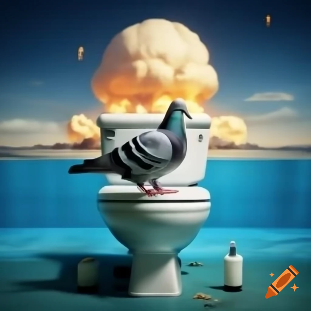Pigeon on toilet floating on sea with nuclear explosion in background ...