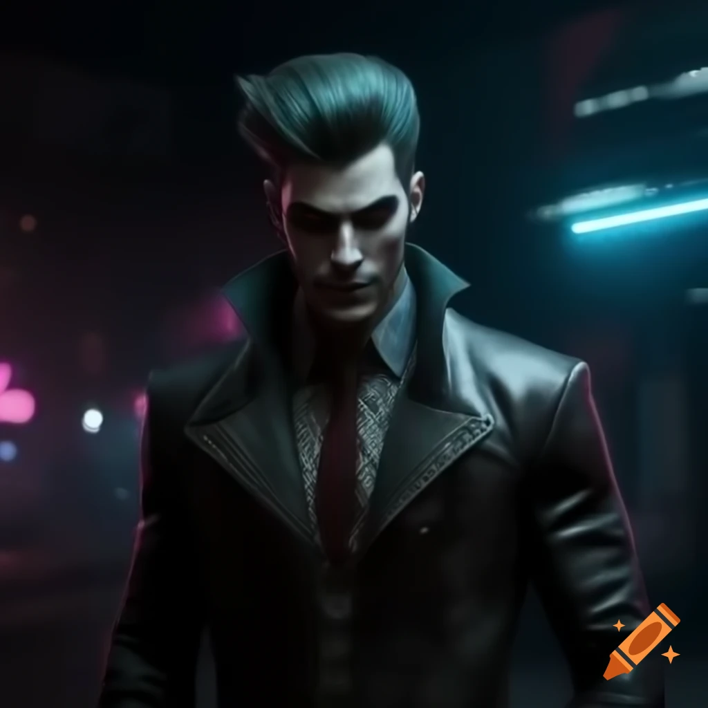 Cyberpunk portrait of a male gang member with vampire style on Craiyon
