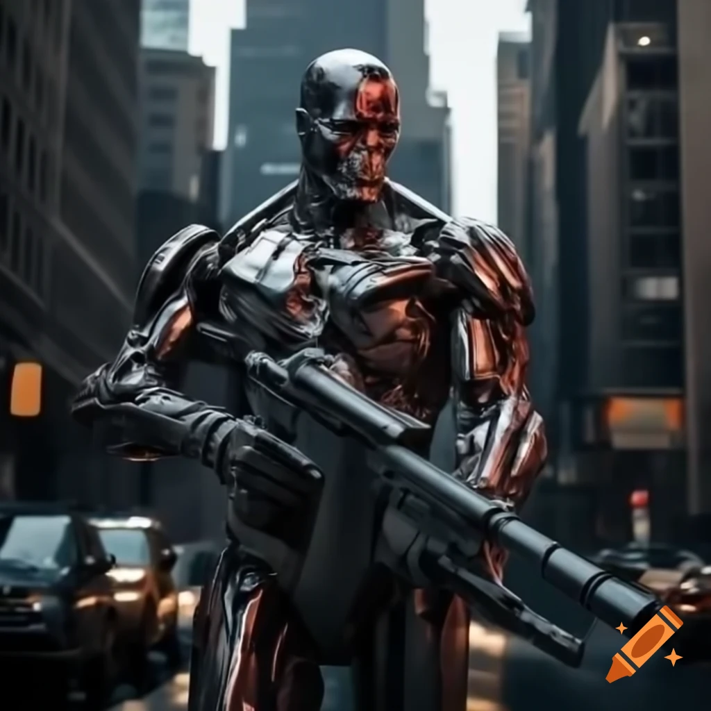 Terminator character in big city street holding machine gun on Craiyon