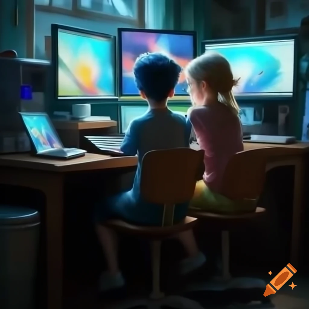 Boy flirting with girl in front of computers on Craiyon