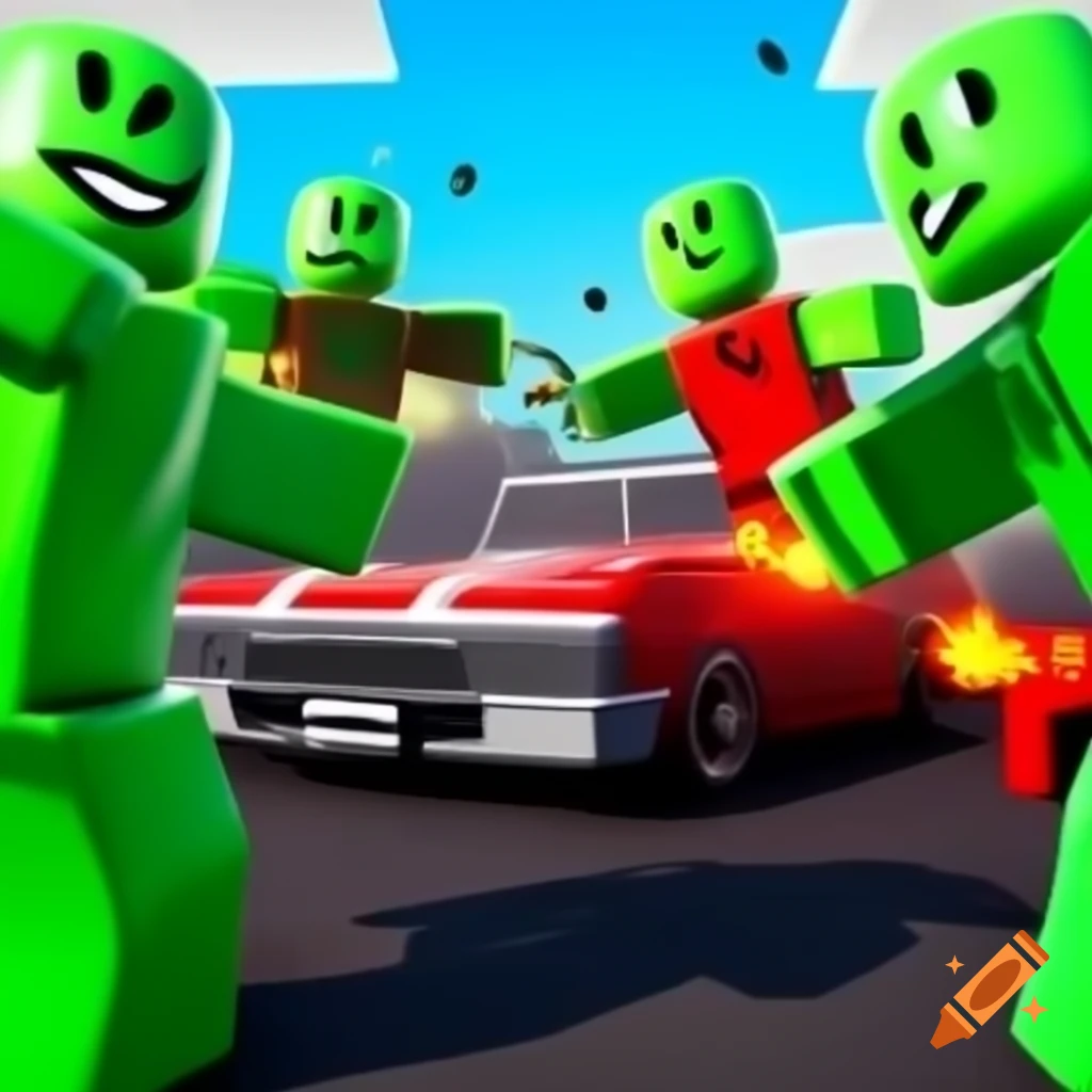 Roblox zombies attacking a car in a cartoon-style scene on Craiyon