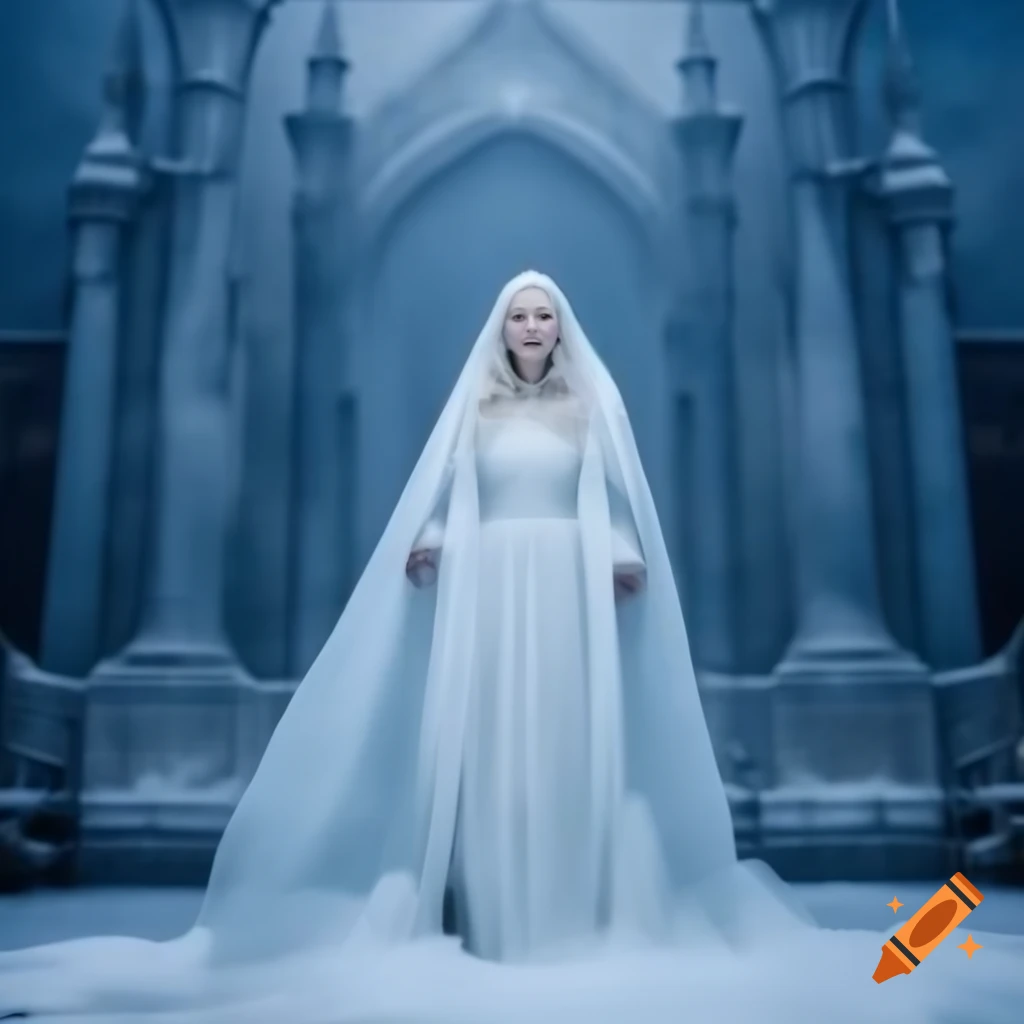 Snow queen in white robes and veil standing in majestic castle, evoking ...