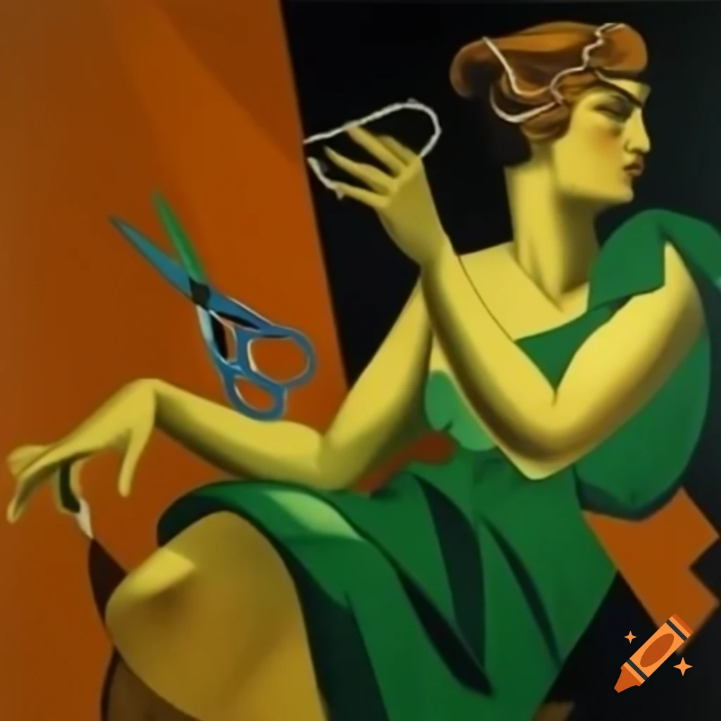 Cubist portrayal of a woman in ancient Greek chiton holding scissors ...