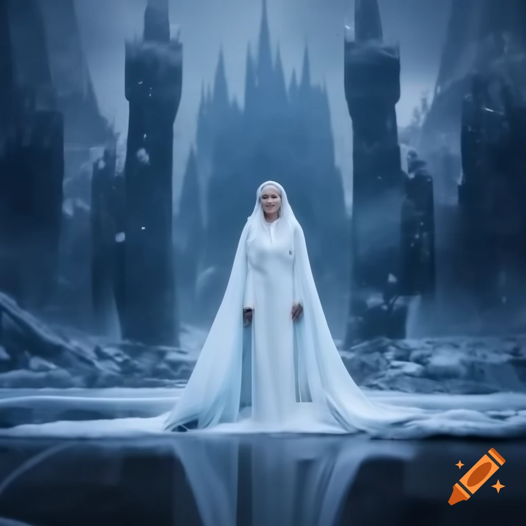 Snow queen in white robes and veil standing in majestic castle, evoking ...