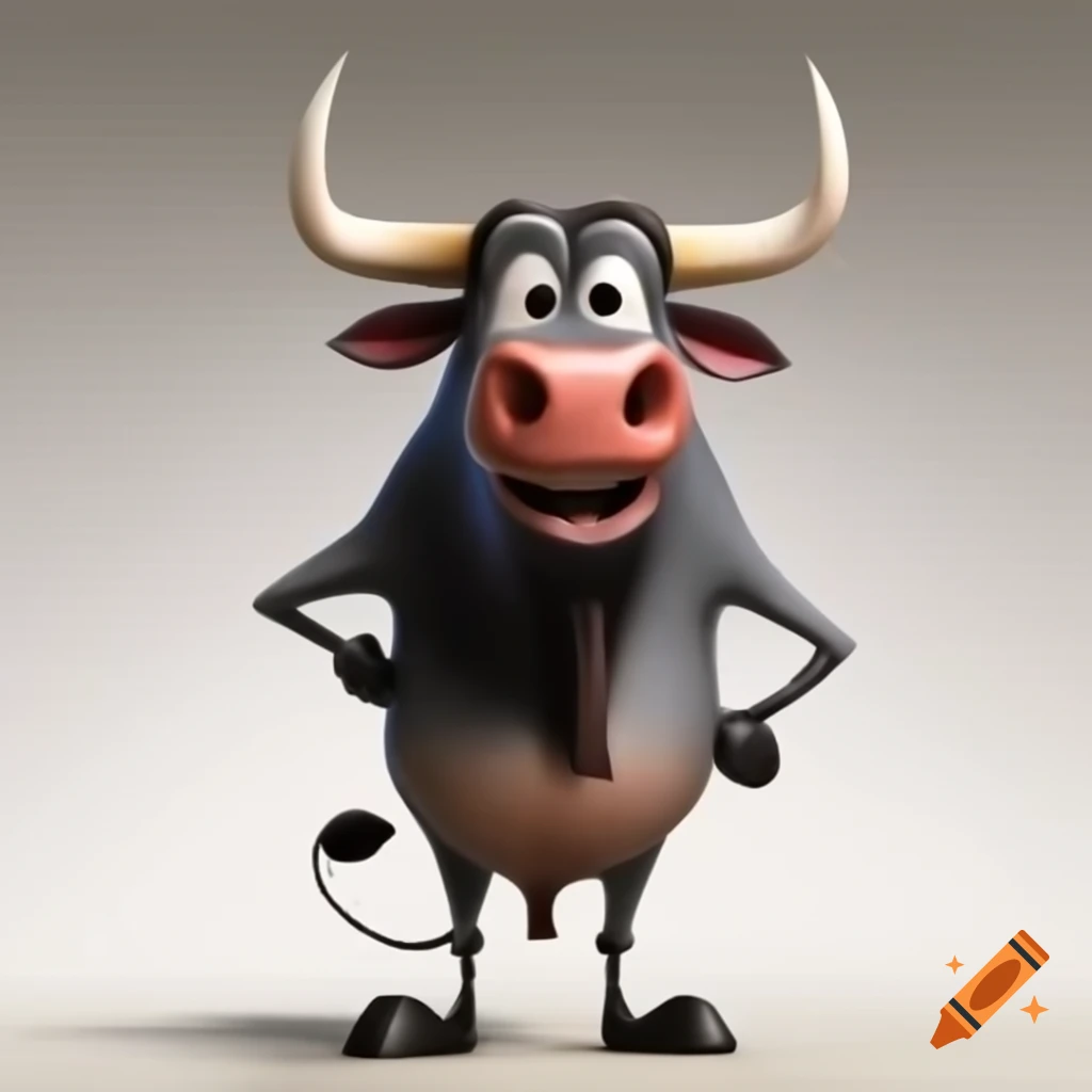 3D Disney Pixar animated bull in a funny laughing pose on Craiyon