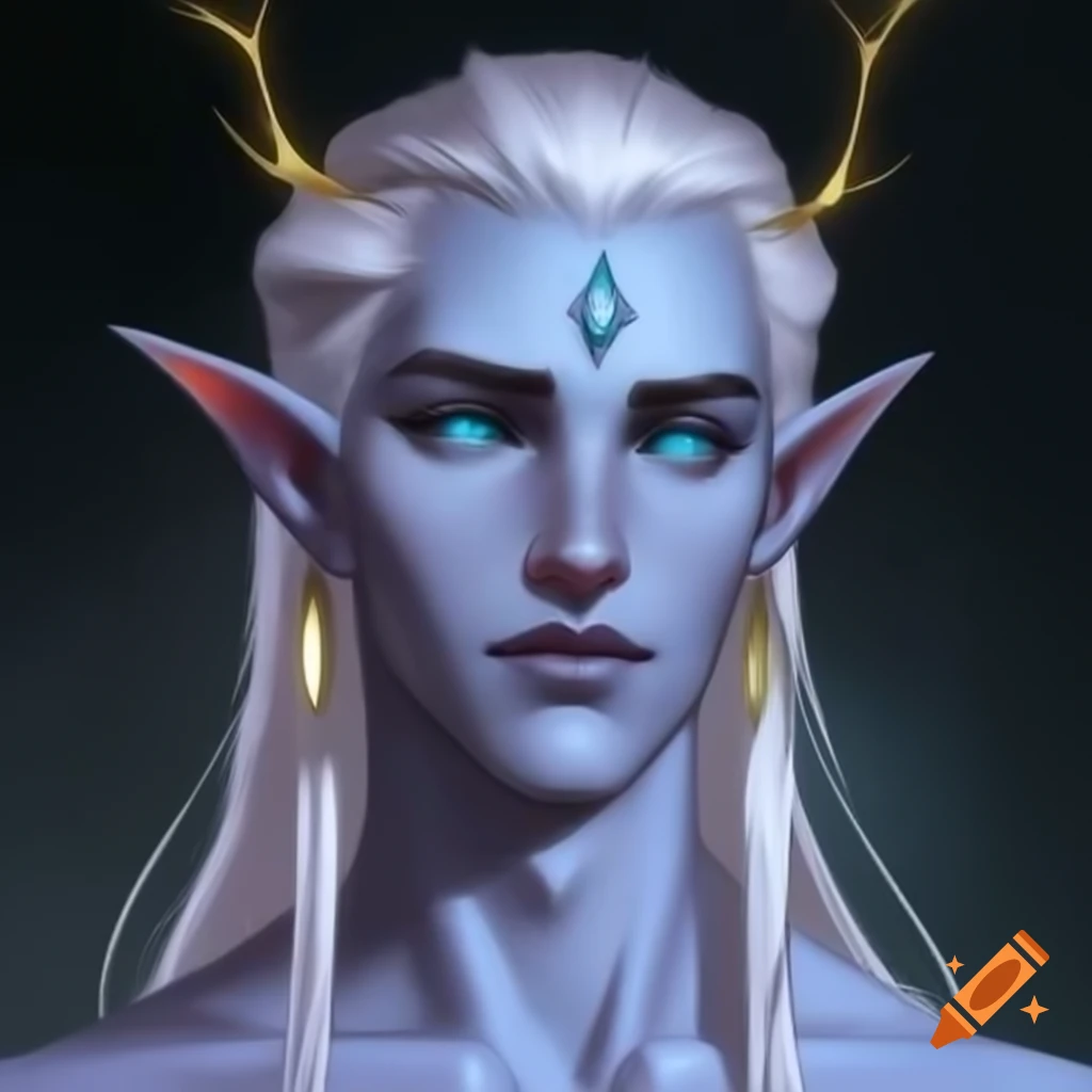 D&D male moon elf with grey skin, white hair, and blue eyes in digital ...