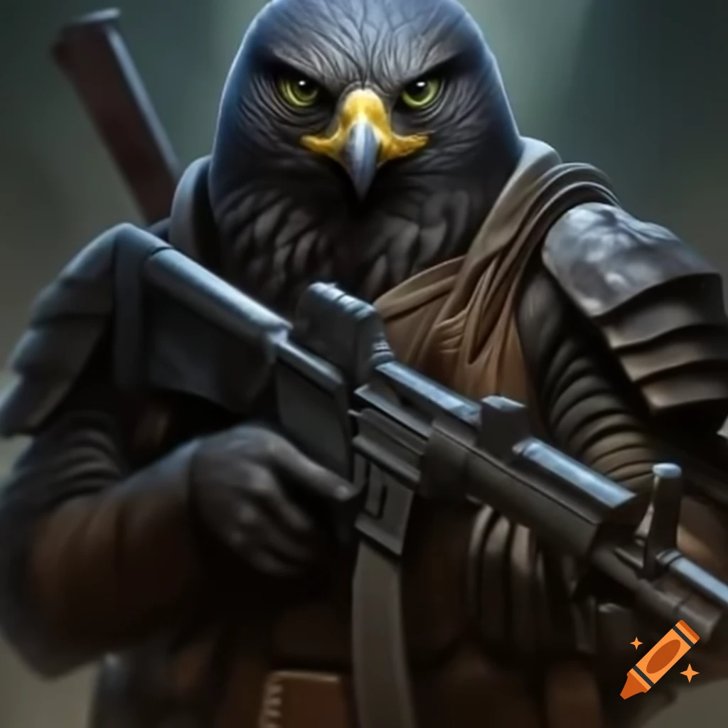 Dark-armored hawk holding firearm, fierce avian warrior on Craiyon