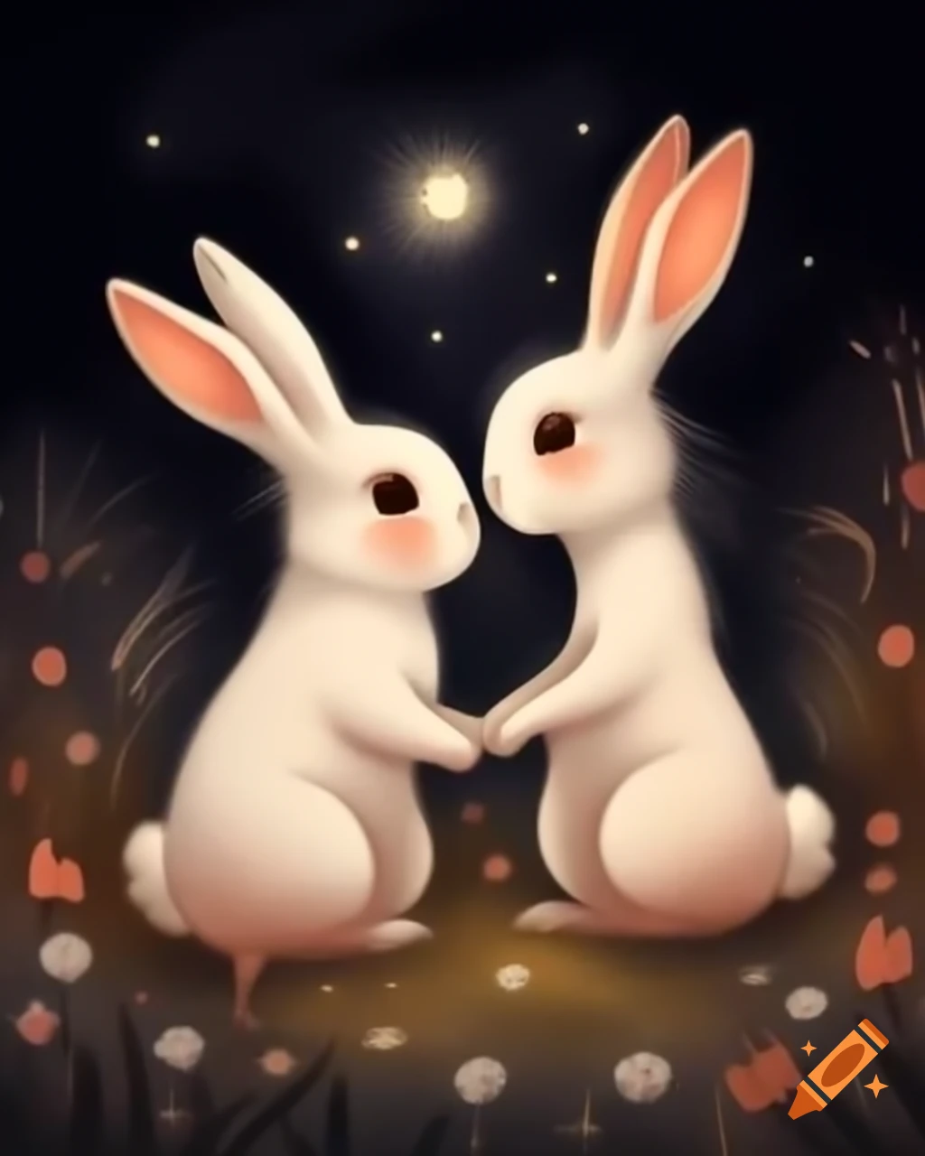 Two rabbits dancing romantically under glowing moonlight on Craiyon
