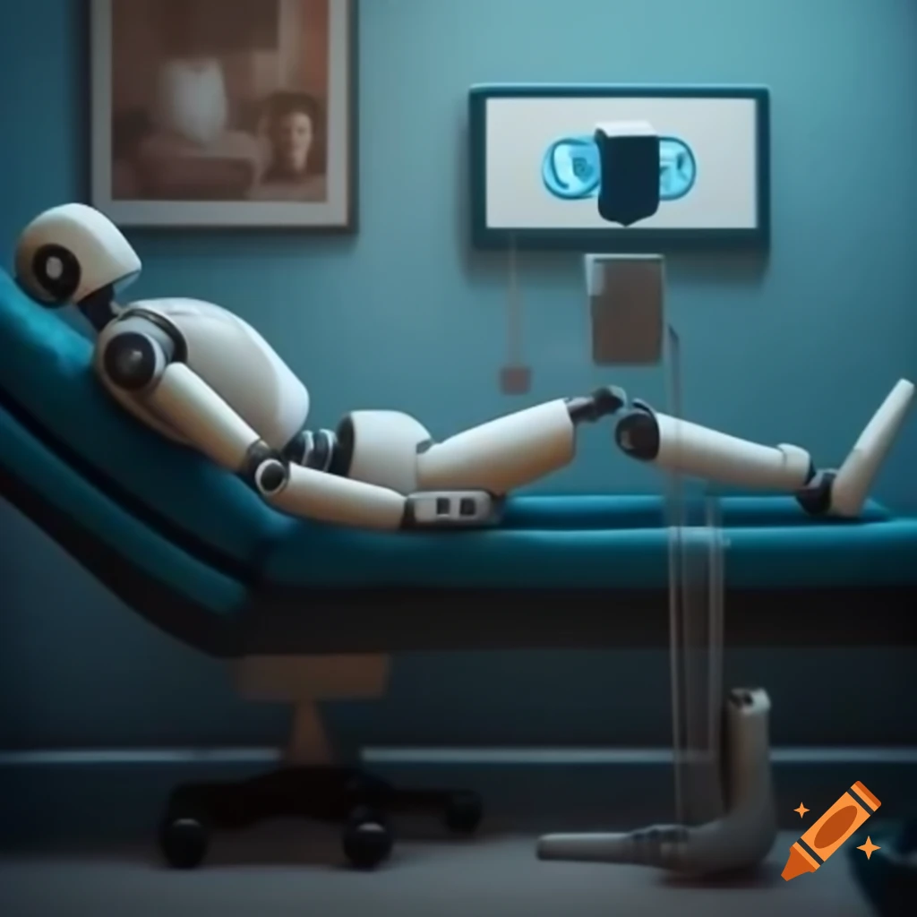 Robot relaxing on couch in psychiatrist's office setting on Craiyon