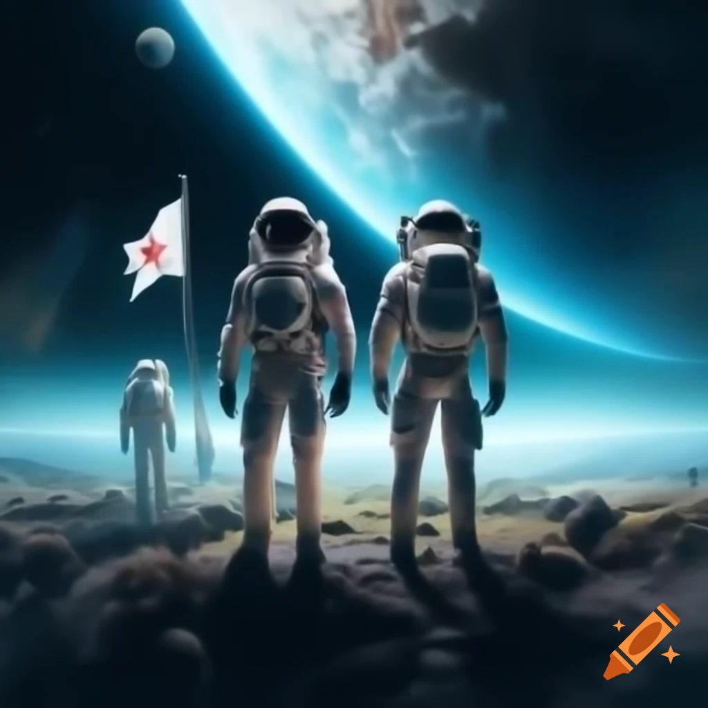 Astronauts on lush planet holding flag with blue planet rising in the ...