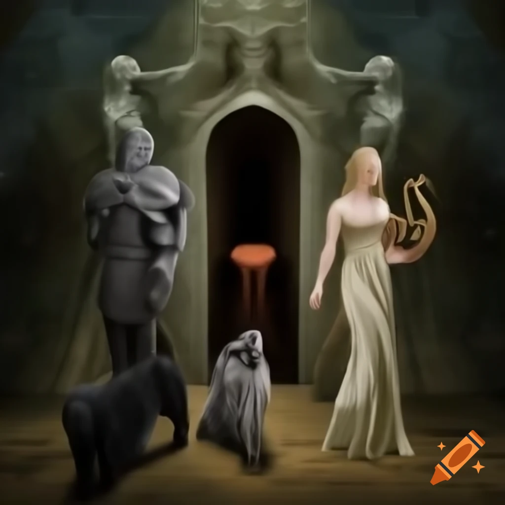 Drawing collage depicting Orpheus with lyre, Eurydice's snakebite death ...