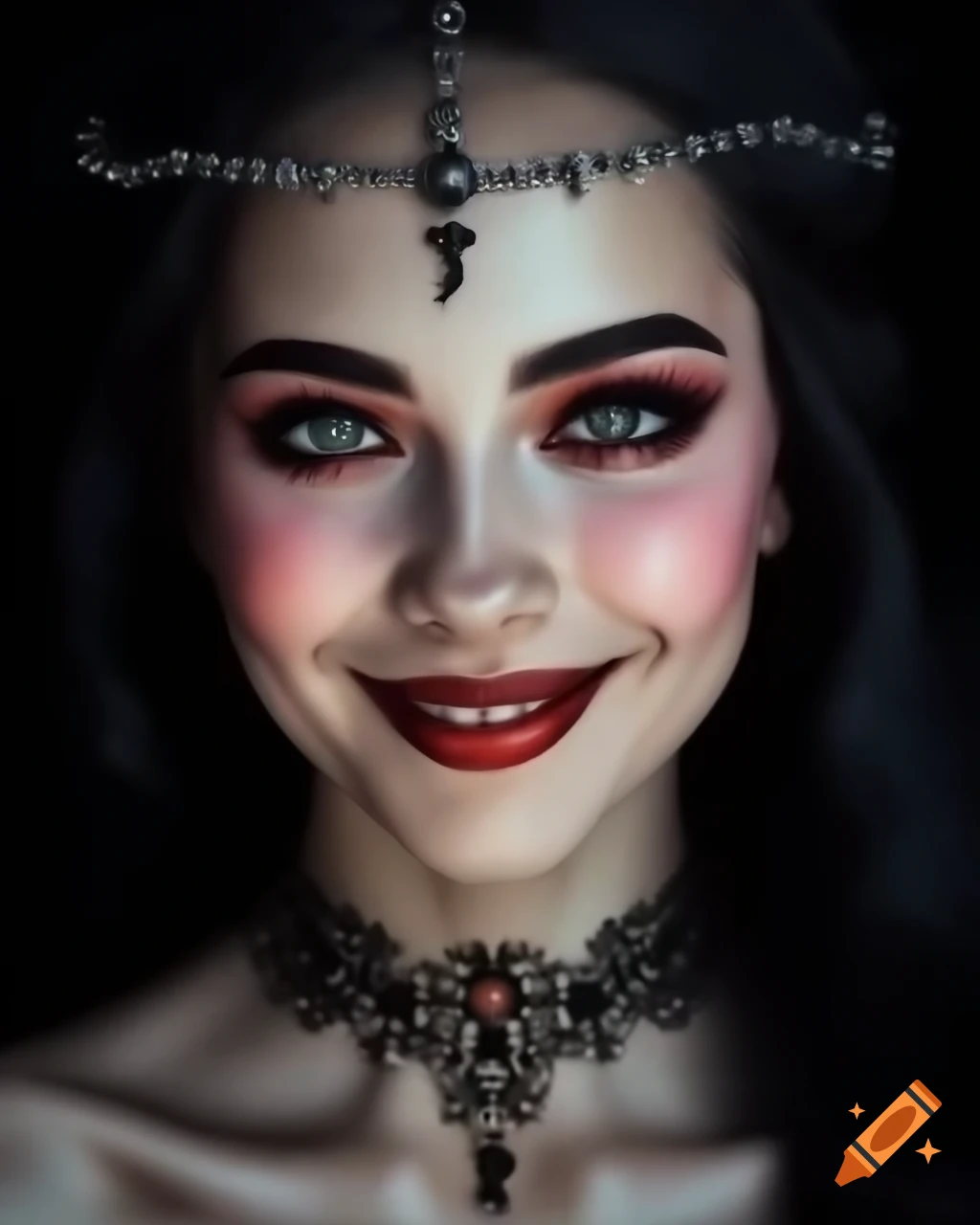 Gothic-style portrait of a smiling beauty with ornate choker, in vibrant renaissance oil ...