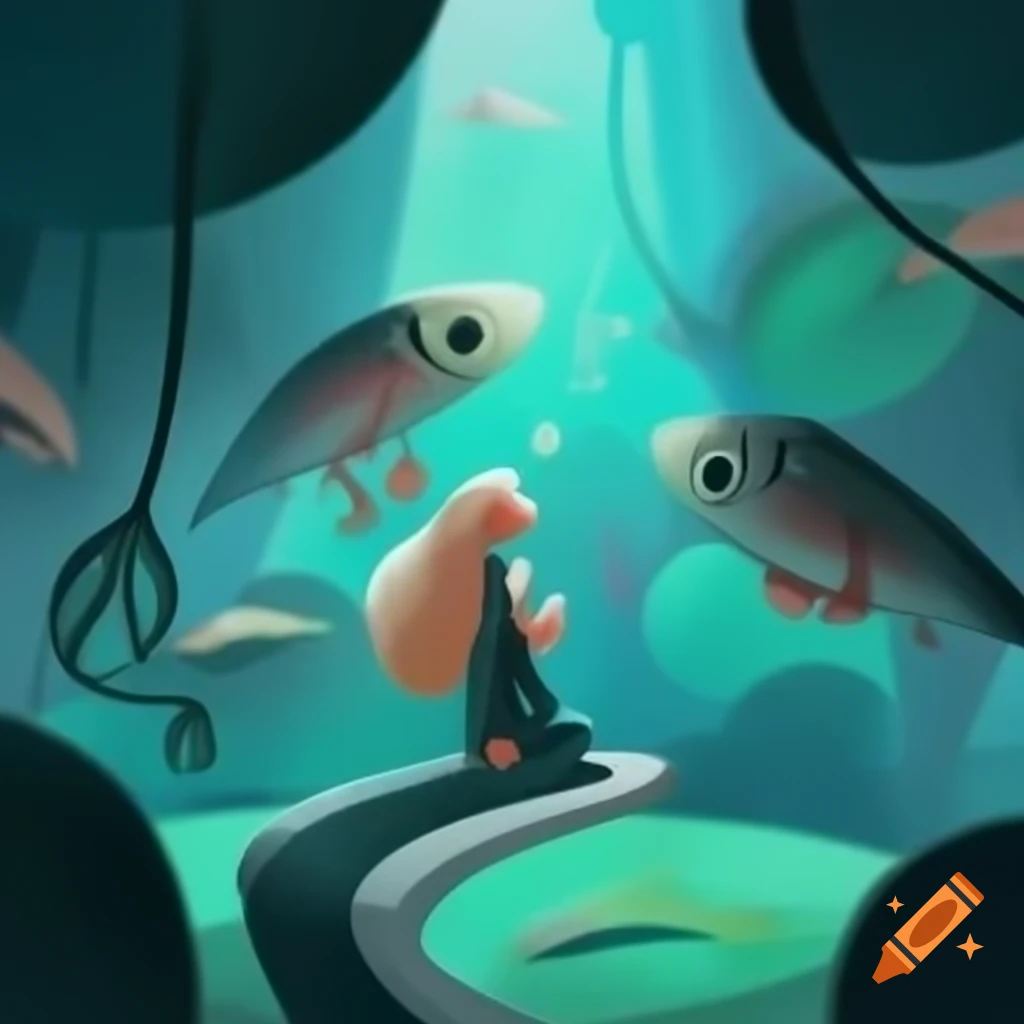 Whimsical illustration of fish with legs living human-like lives on Craiyon
