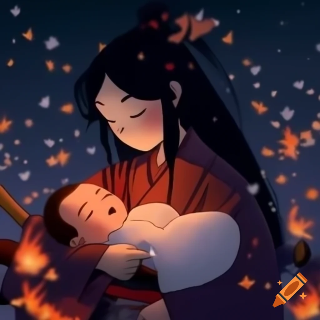 Samurai cradling sleeping baby girl surrounded by cherry blossoms and ...