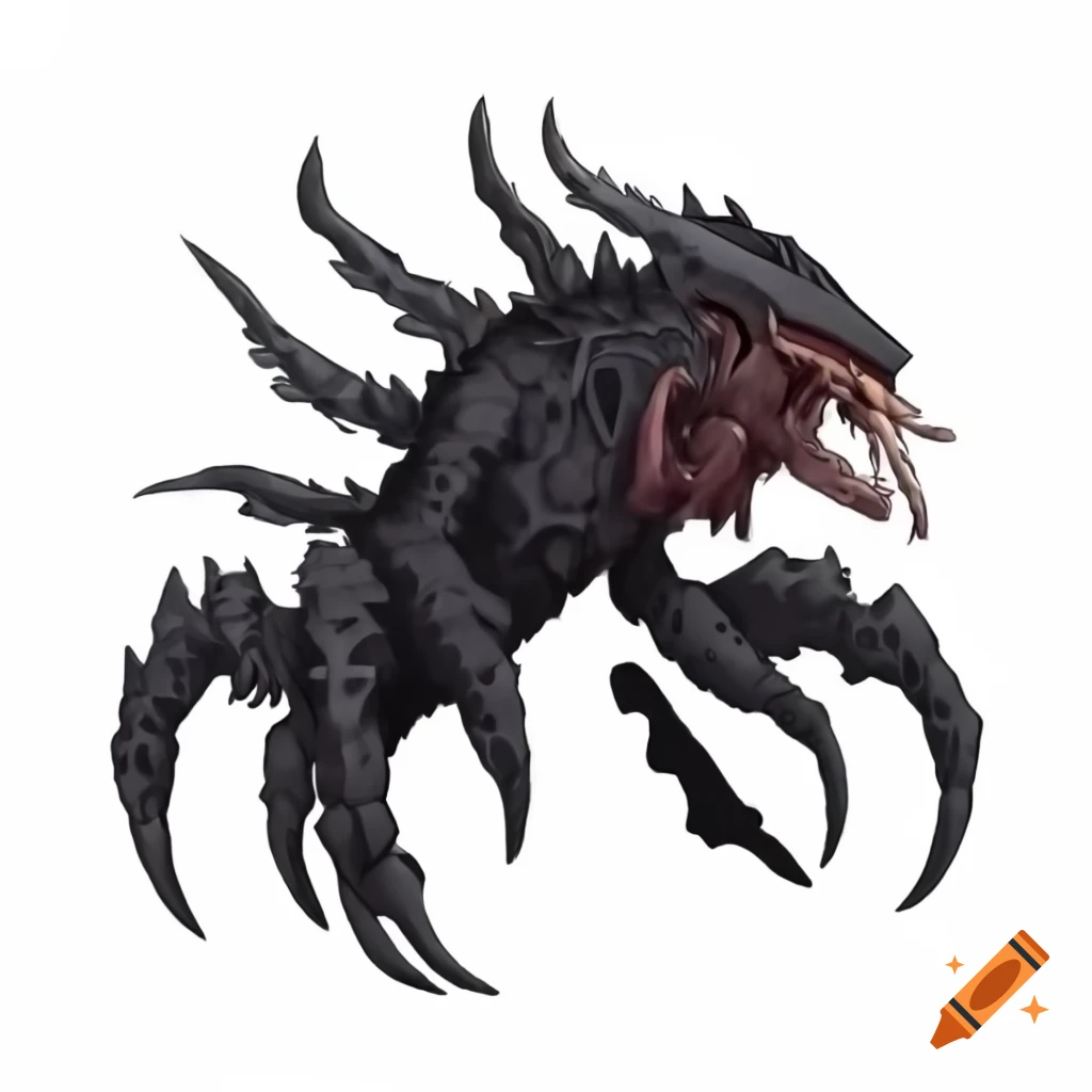 Mysterious creature with spider-like features and split jaw in dark ...