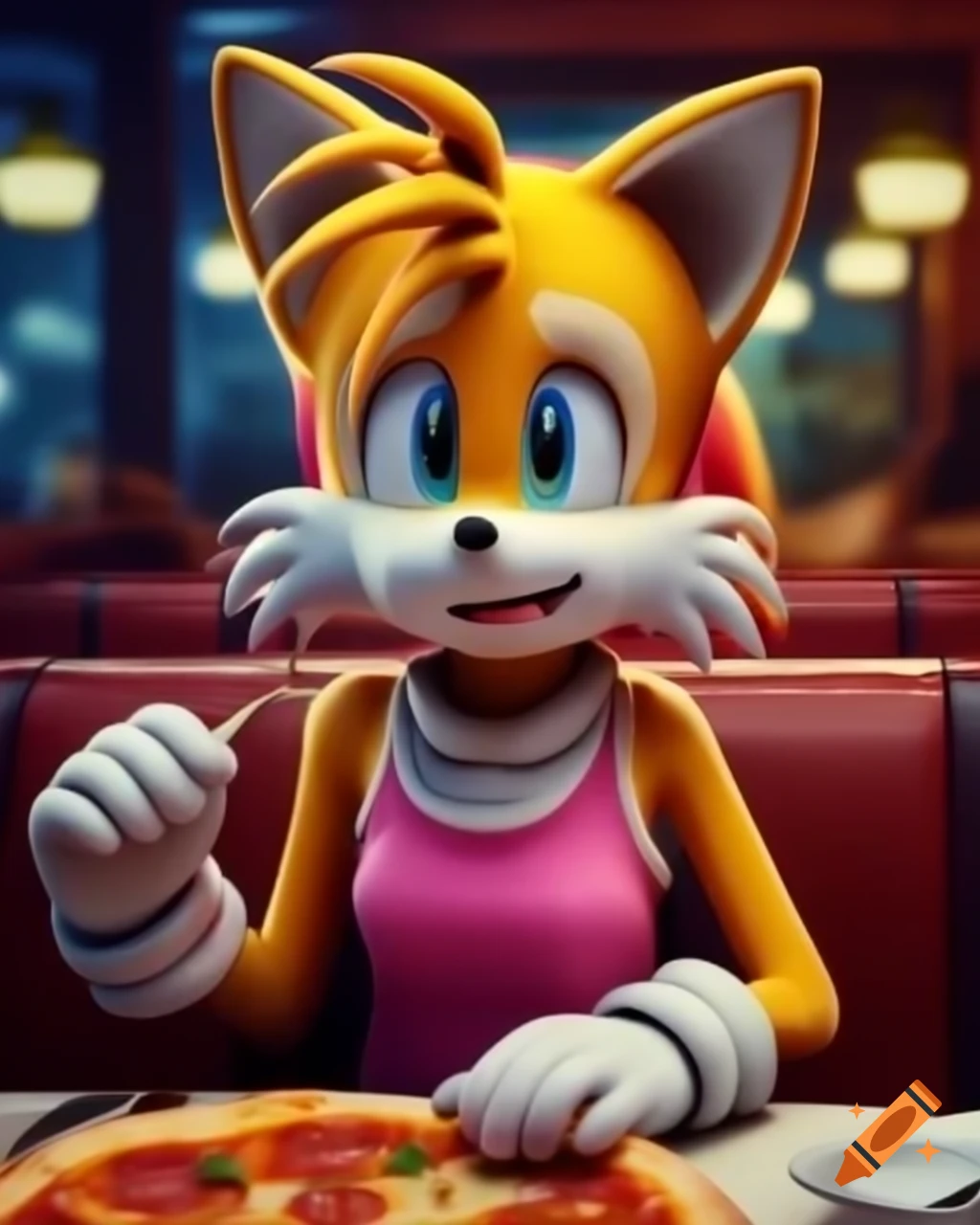 Female tails character from sonic the hedgehog eating pizza in ...