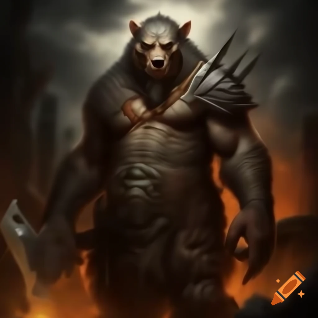 Fantasy scene of muscular beasthide shifter with battle-worn appearance ...