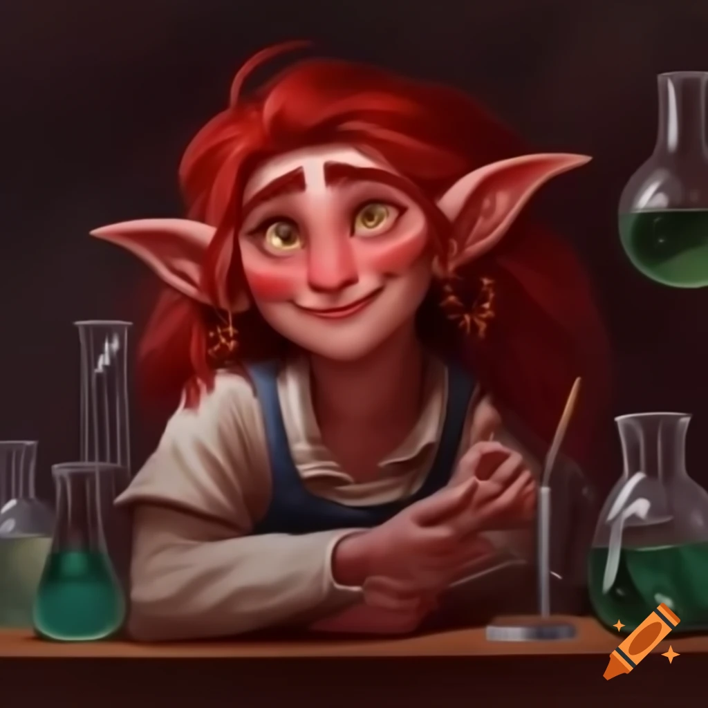 Female halfling alchemist with red hair in oversized overalls working ...