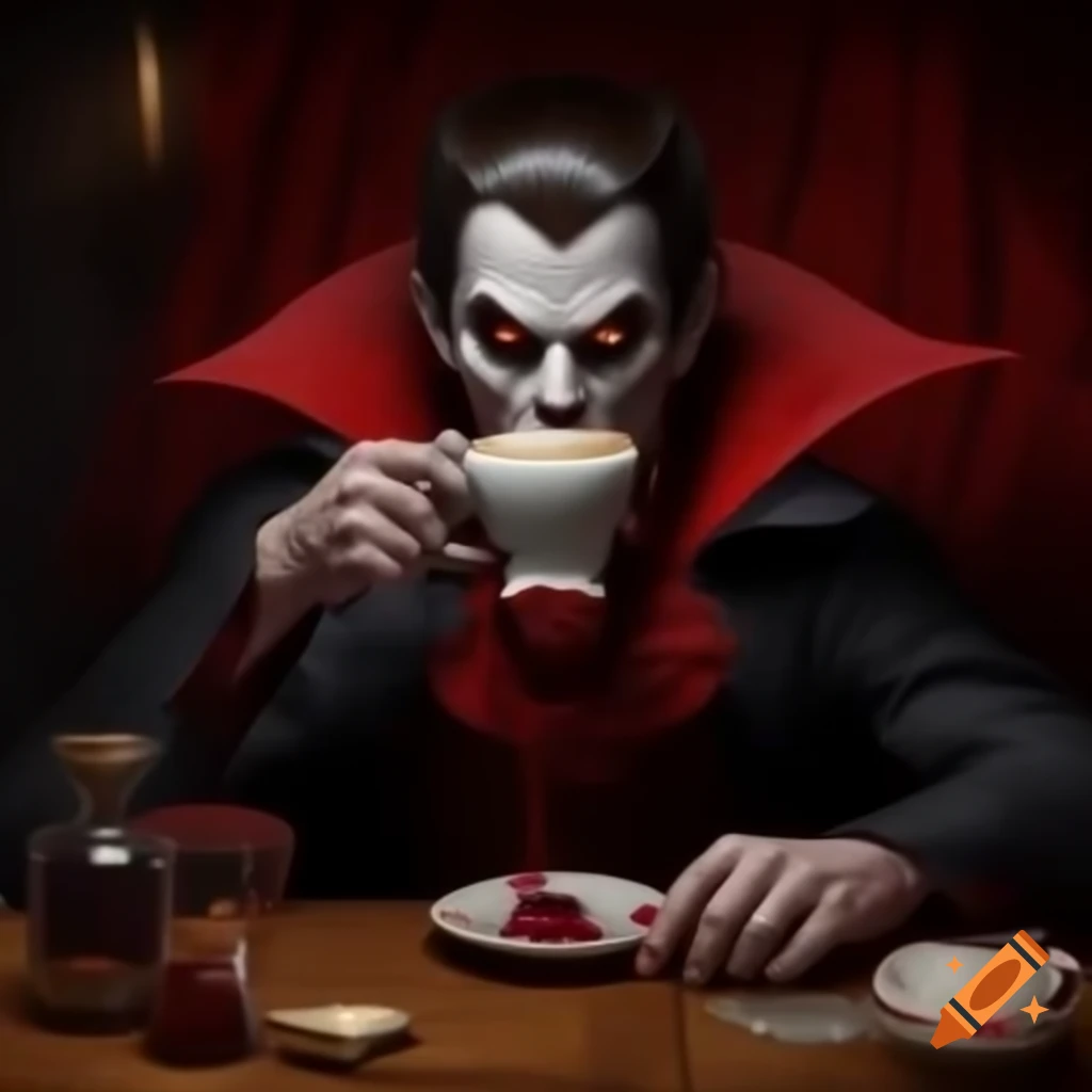 Vampire drinking coffee with blood-based creamer at a table on Craiyon
