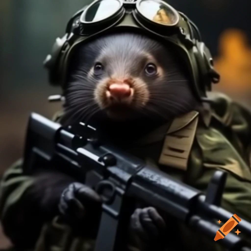 Realistic mole in black fur wearing modern Russian military gear with a ...