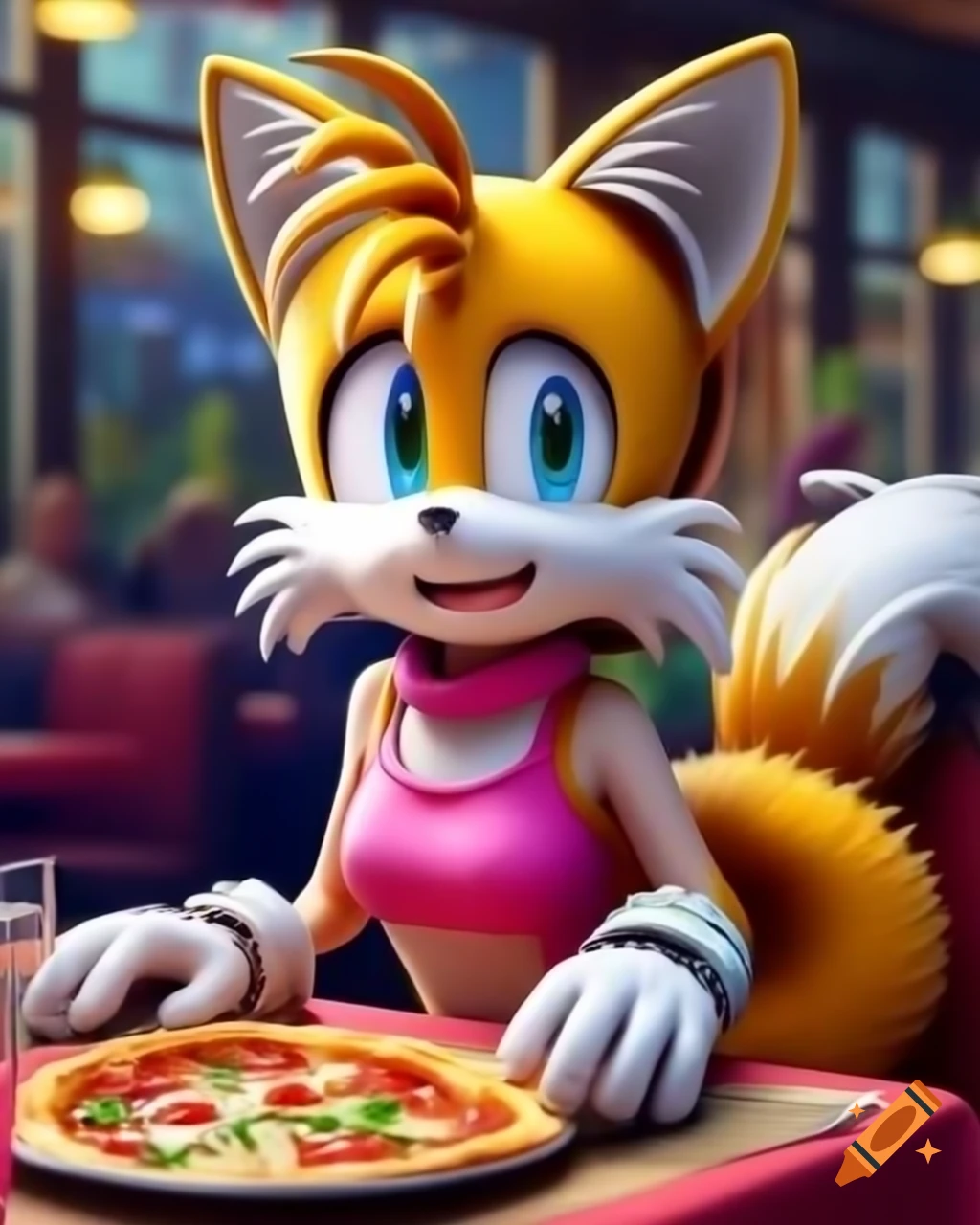 Female Tails from Sonic the Hedgehog in pink tank top eating pizza at ...