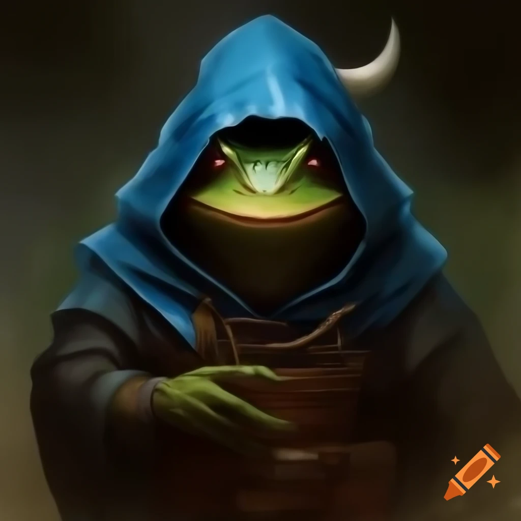 Anthropomorphic bullfrog in blue hood and bandit mask in dark misty ...