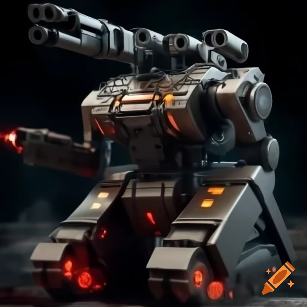 Large quadrupedal giant robot wielding machine gun and lasers, emitting ...