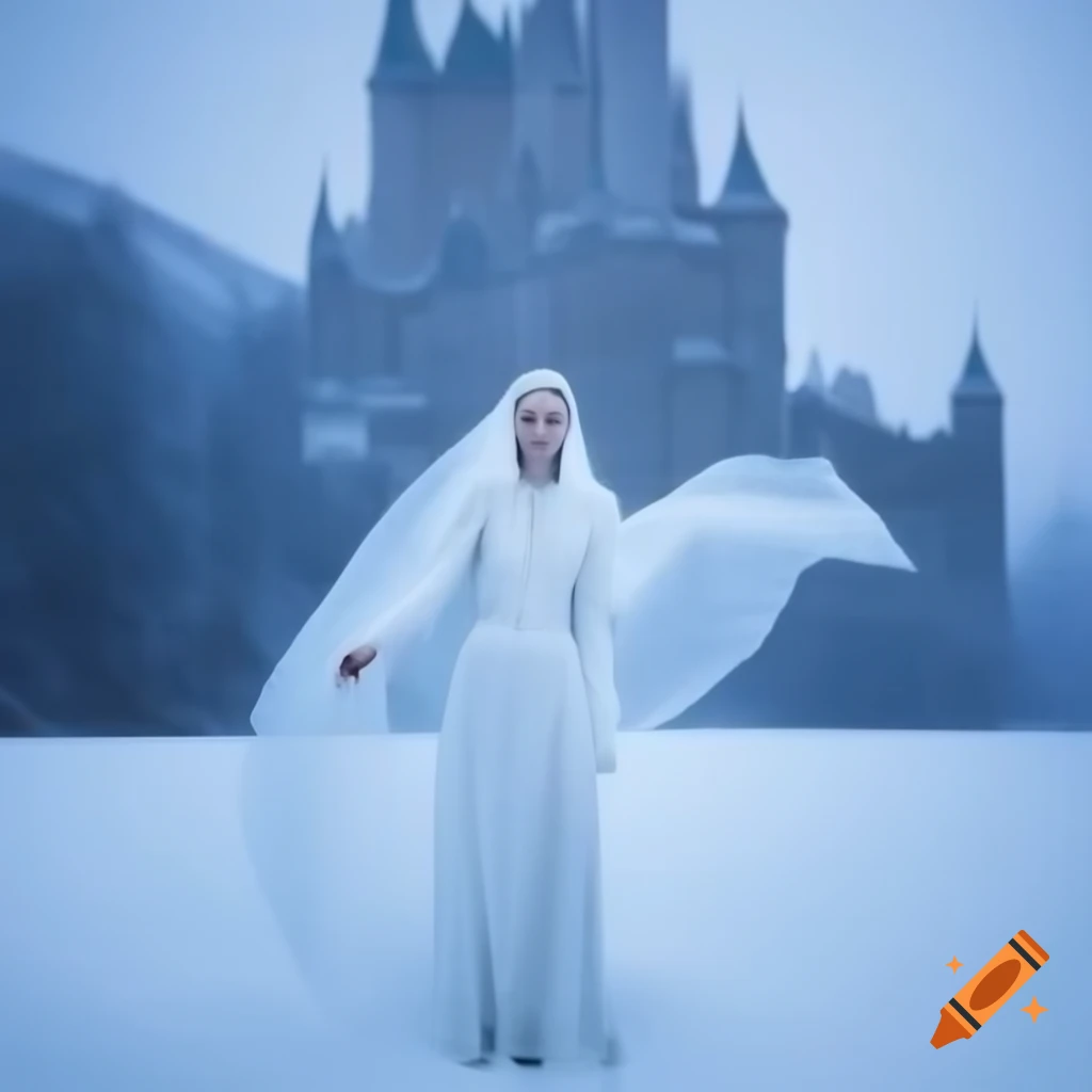 Snow queen in white robe and veil in majestic castle, evoking frozen ...
