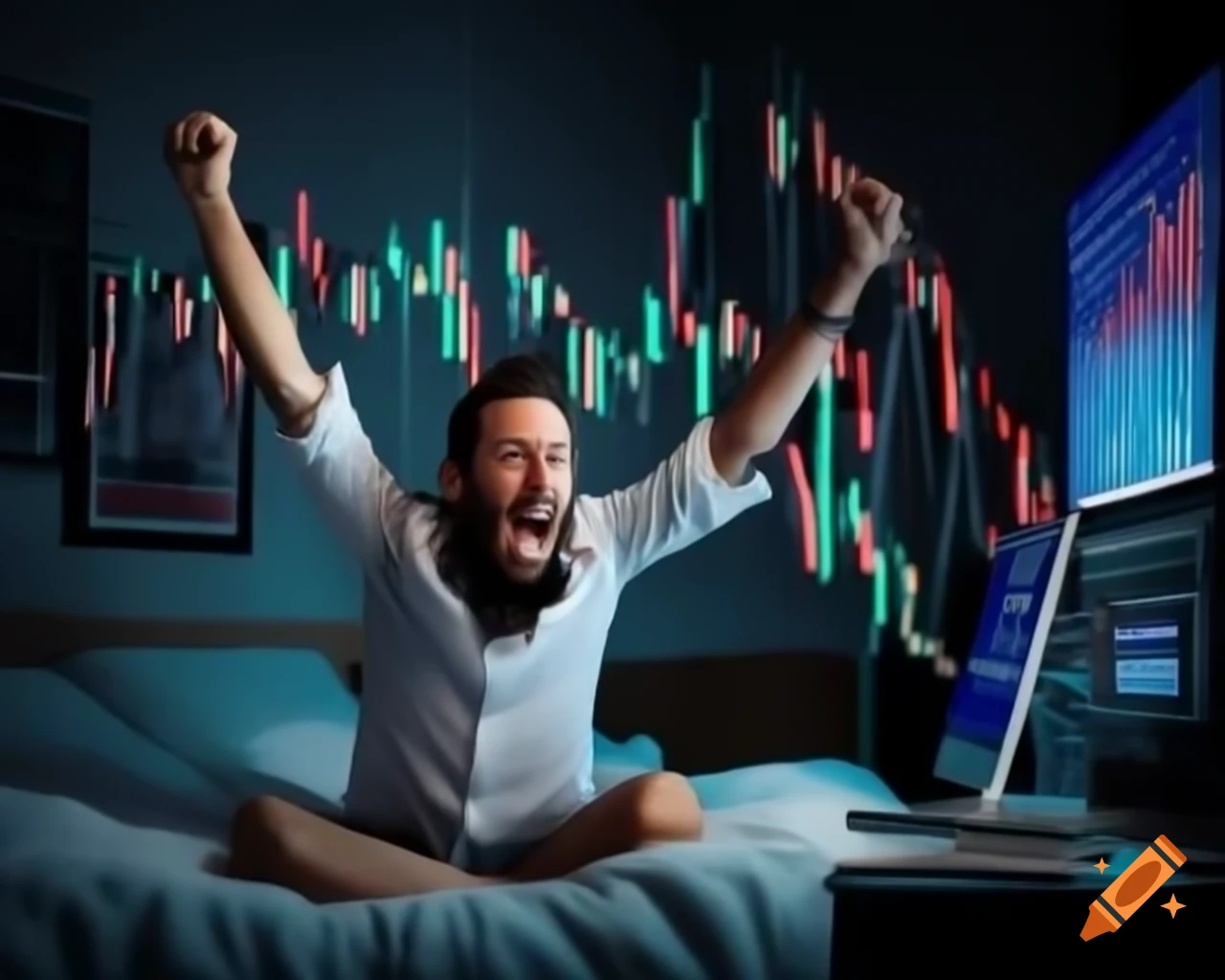 Person celebrating stock market win in front of computer in bedroom on ...