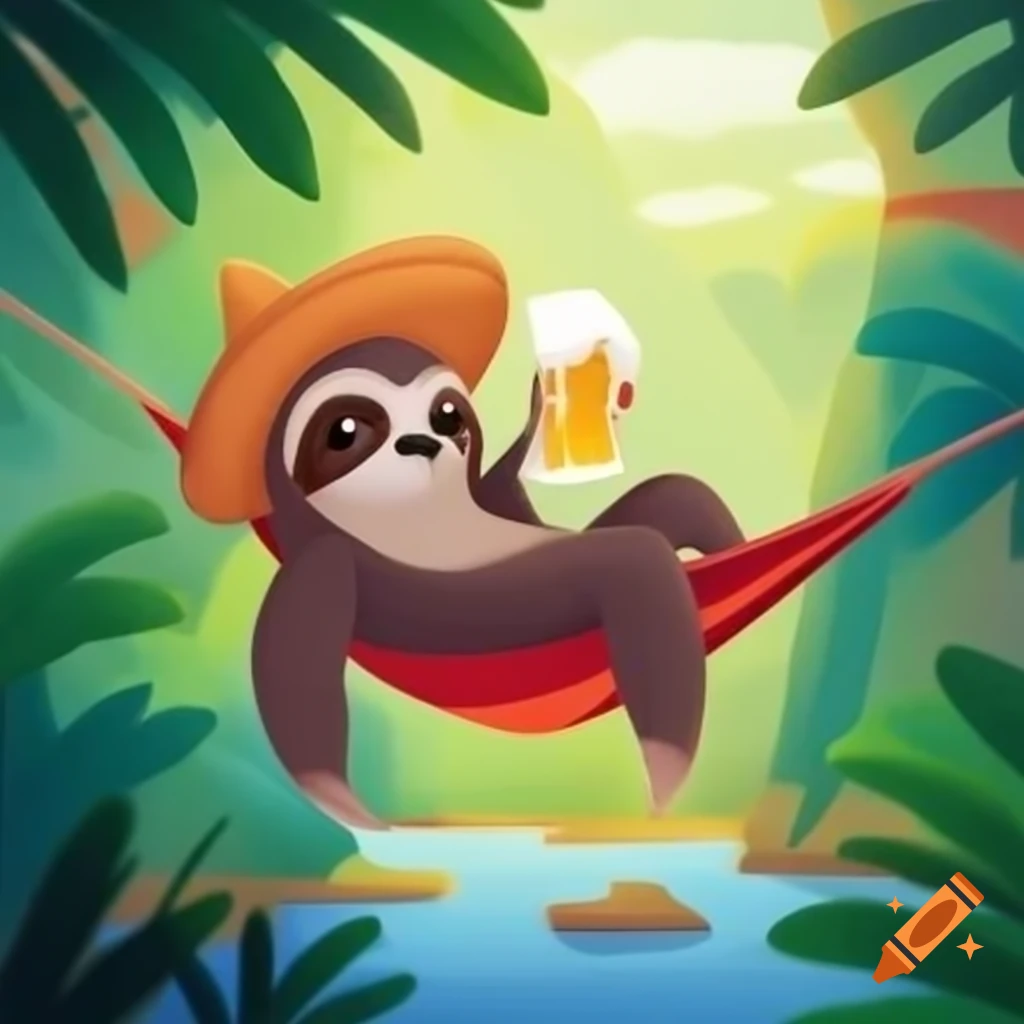 Colorful sloth in sombrero on hammock winking with beer on Craiyon