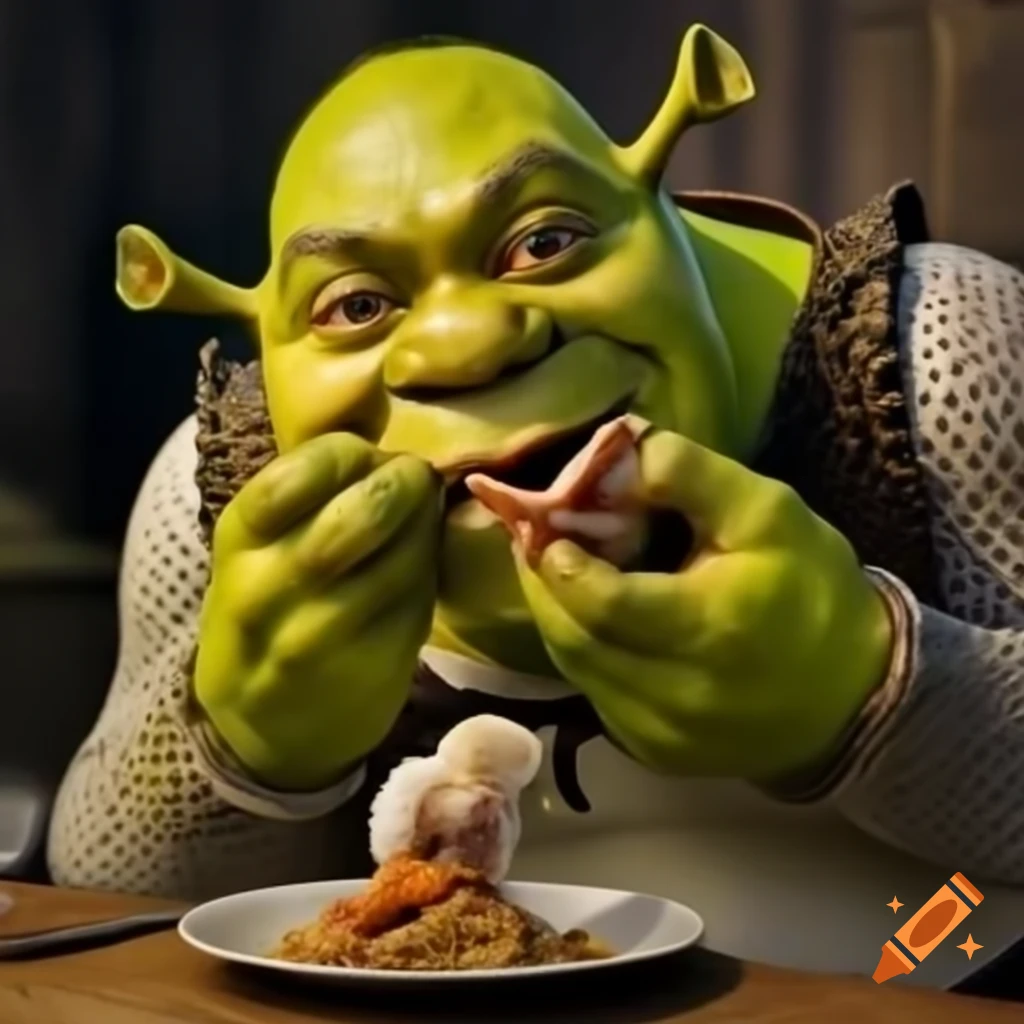 Shrek enjoying chicken legs on Craiyon