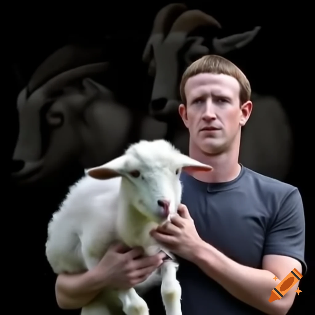 Mark Zuckerberg holding a goat with a serious expression on Craiyon