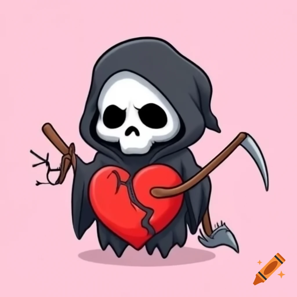 Cartoon grim reaper character featuring a broken heart tattoo design on ...